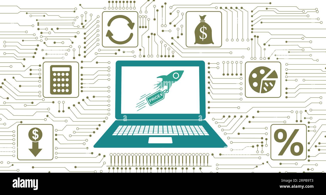 Concept of inflation with icons integrated in circuit Stock Photo - Alamy
