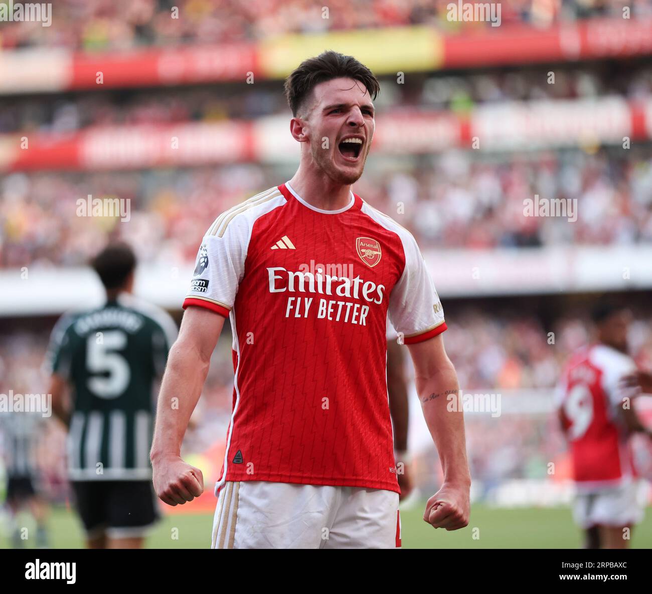London, UK. 3rd Sep, 2023. Declan Rice of Arsenal celebrates scoring ...