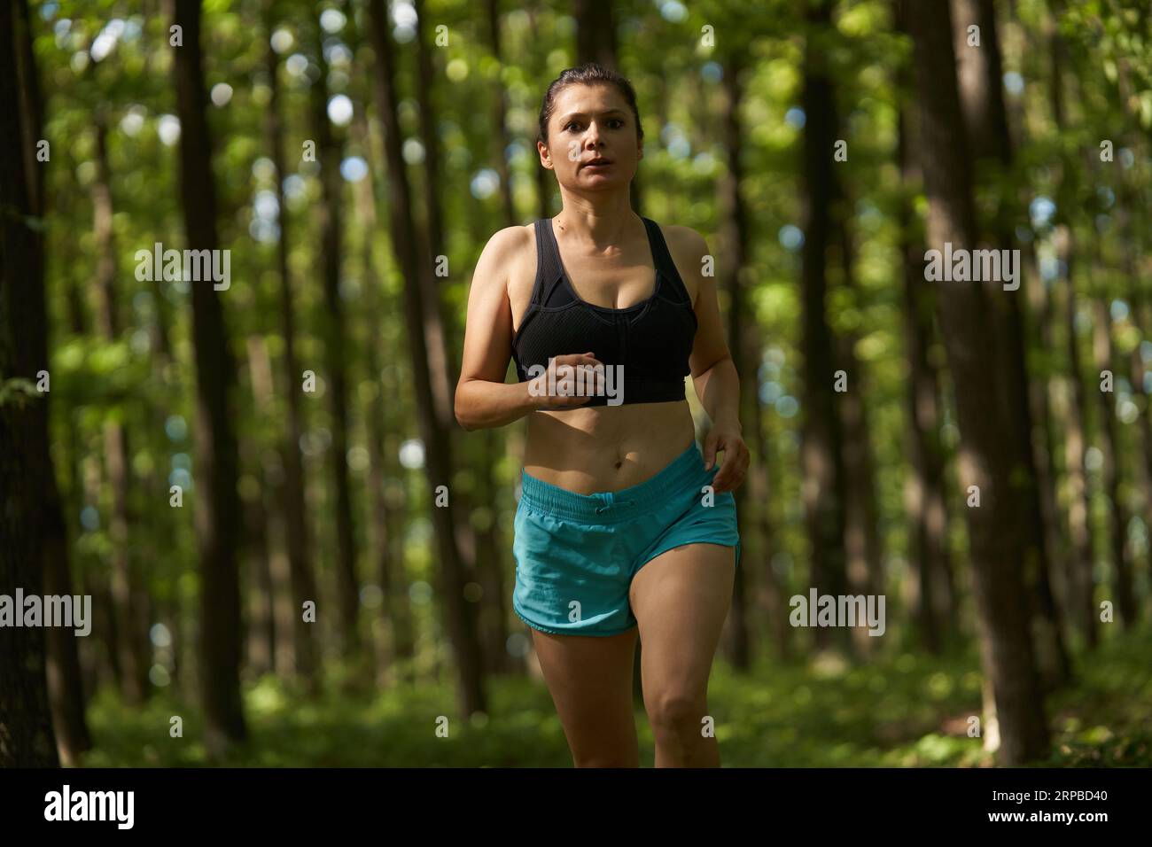 Woman runner jogging on a trail in the forest Stock Photo - Alamy