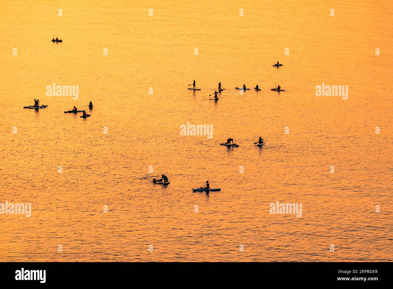Adventurous people on a stand up paddle board is paddling during a ...