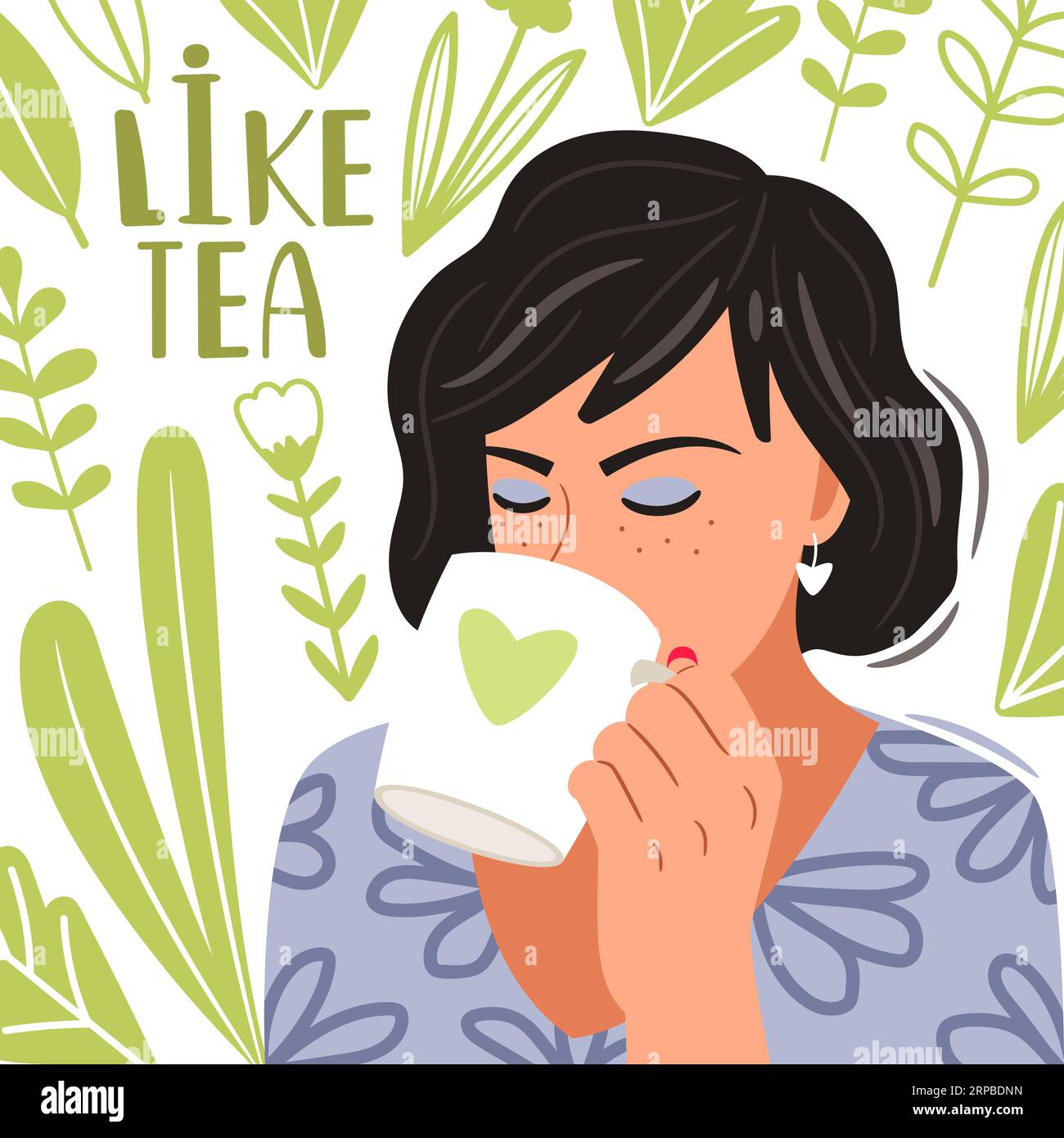 Beautiful woman drinking tea from a mug. Vector of woman beautiful ...