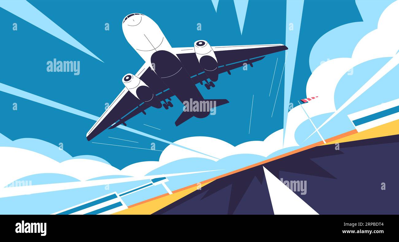 Plane taking off. Airplane departure or landing on airport runway ...