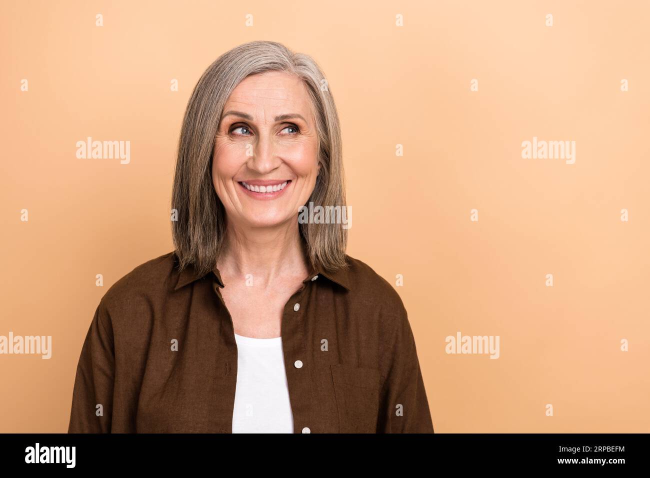 Portrait of cheerful positive person with bob hairdo wear stylish ...