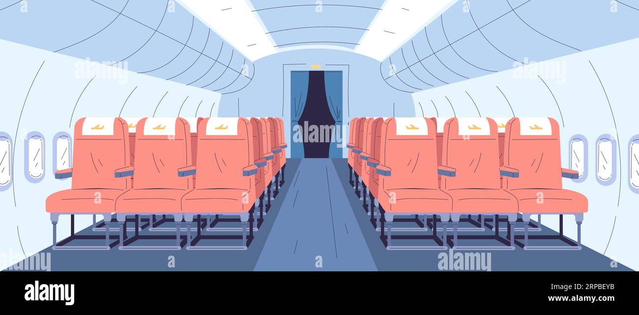 Airplane interior. Aircraft seat aisle inside cabin plane, travel ...