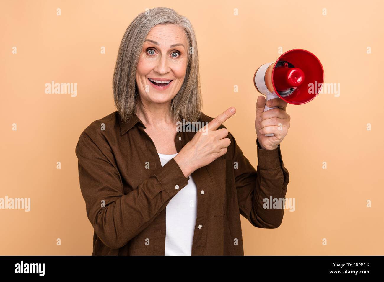 Portrait of astonished ecstatic person with bob hair wear stylish ...