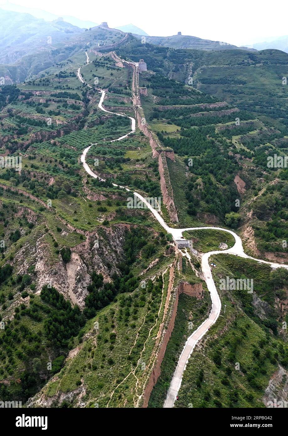 Aerial photo shows the ancient Great Wall in Shuozhou City, north China ...