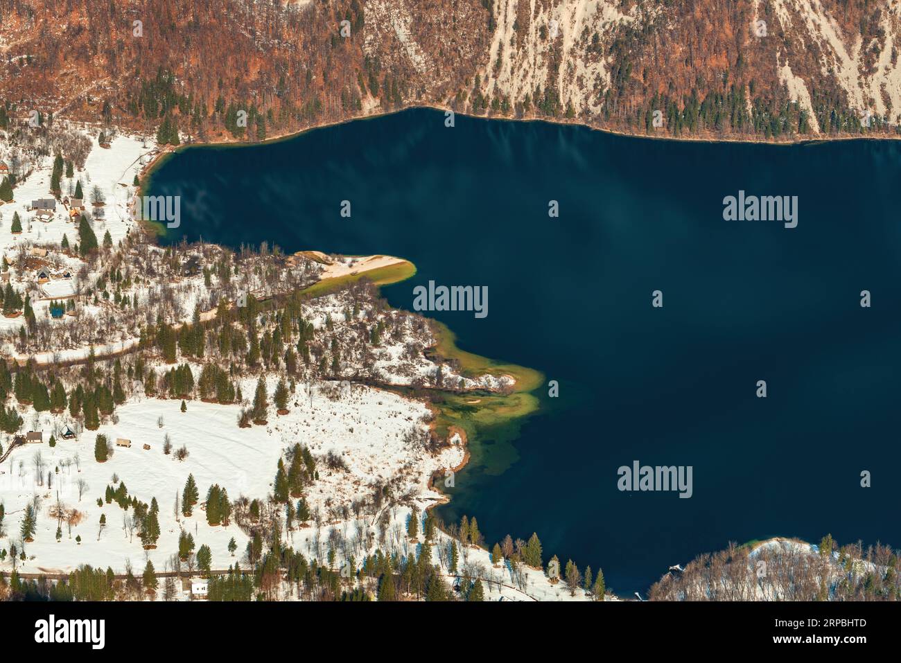 Aerial view of Ukanc, small settlement at western shoreline of lake ...