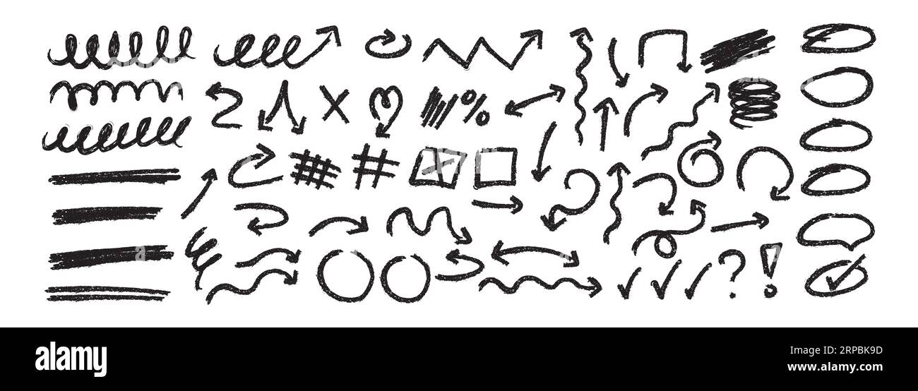 Hand drawn charcoal curved arrows, swirls, scribbled shapes, circles ...