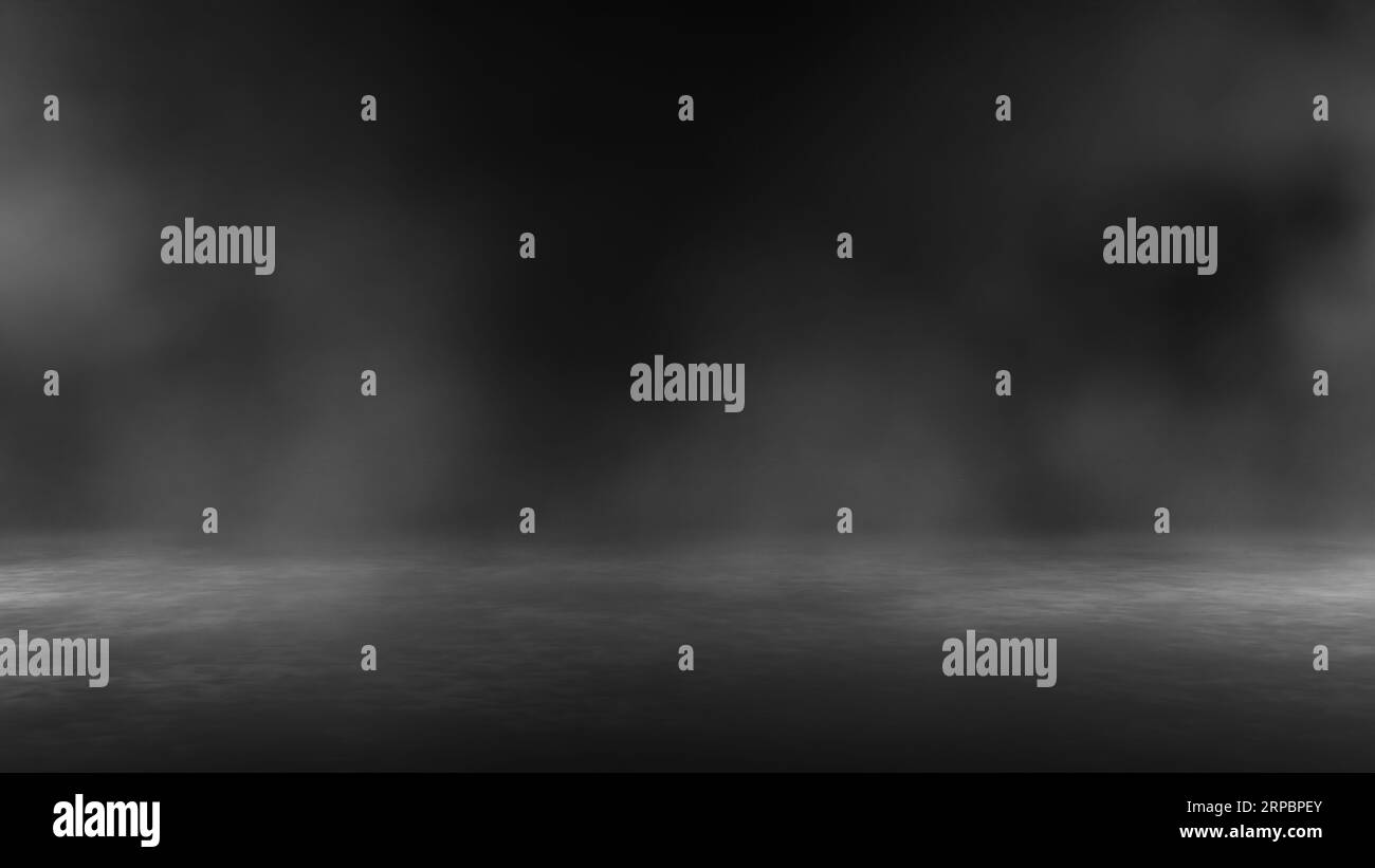 Empty dark abstract cement floor and studio room with smoke float up ...