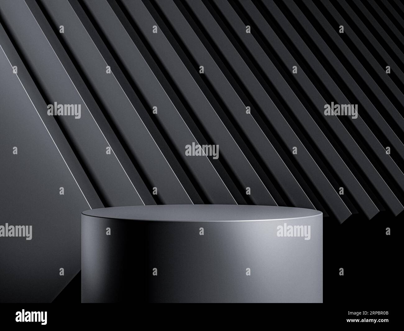 Elegant black cylinder stand for product placement mockup. Dark podium ...