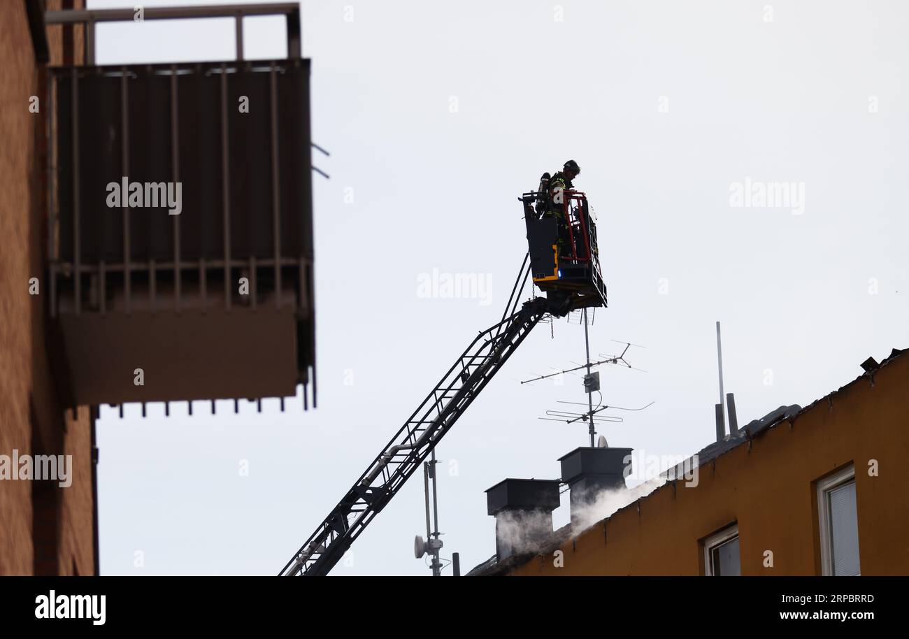 Fire-fighter on a rescue ladder Stock Photo - Alamy