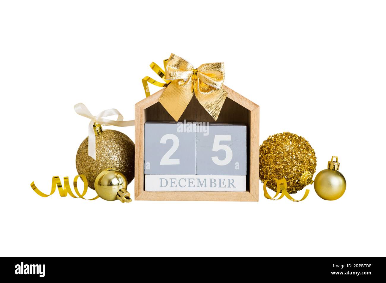 25 december. Christmas composition on colored background with a wooden ...