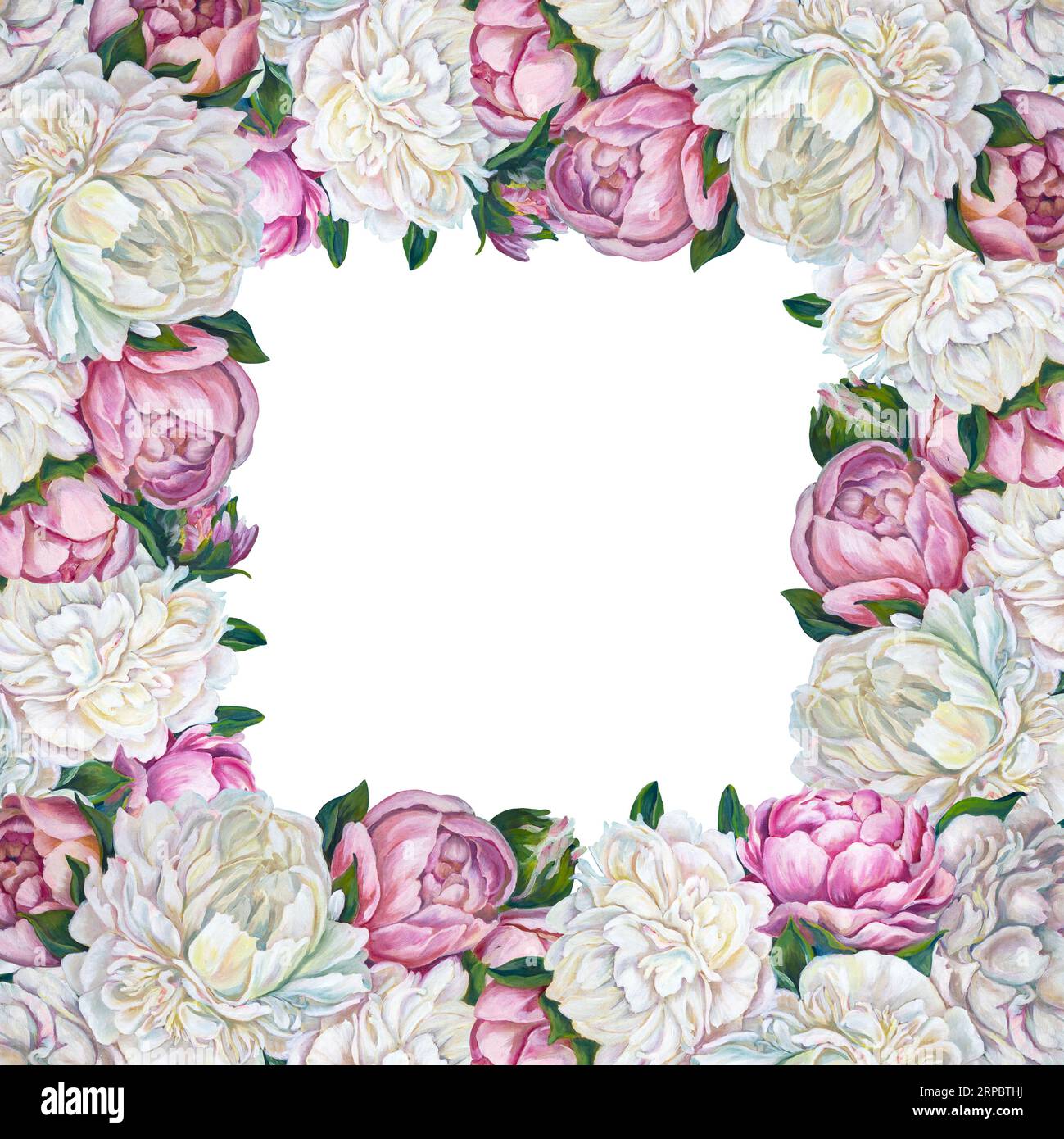 Frame of white and pink peonies. Oil painting. Bouquet of flowers. For ...