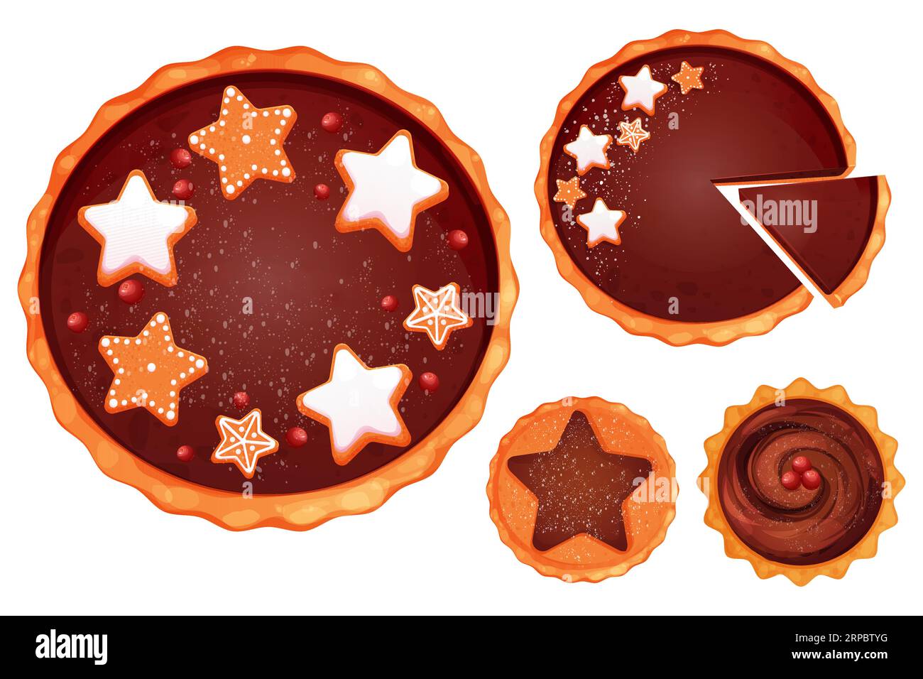 Set Christmas chocolate cake, pie with cranberries, star shape ...