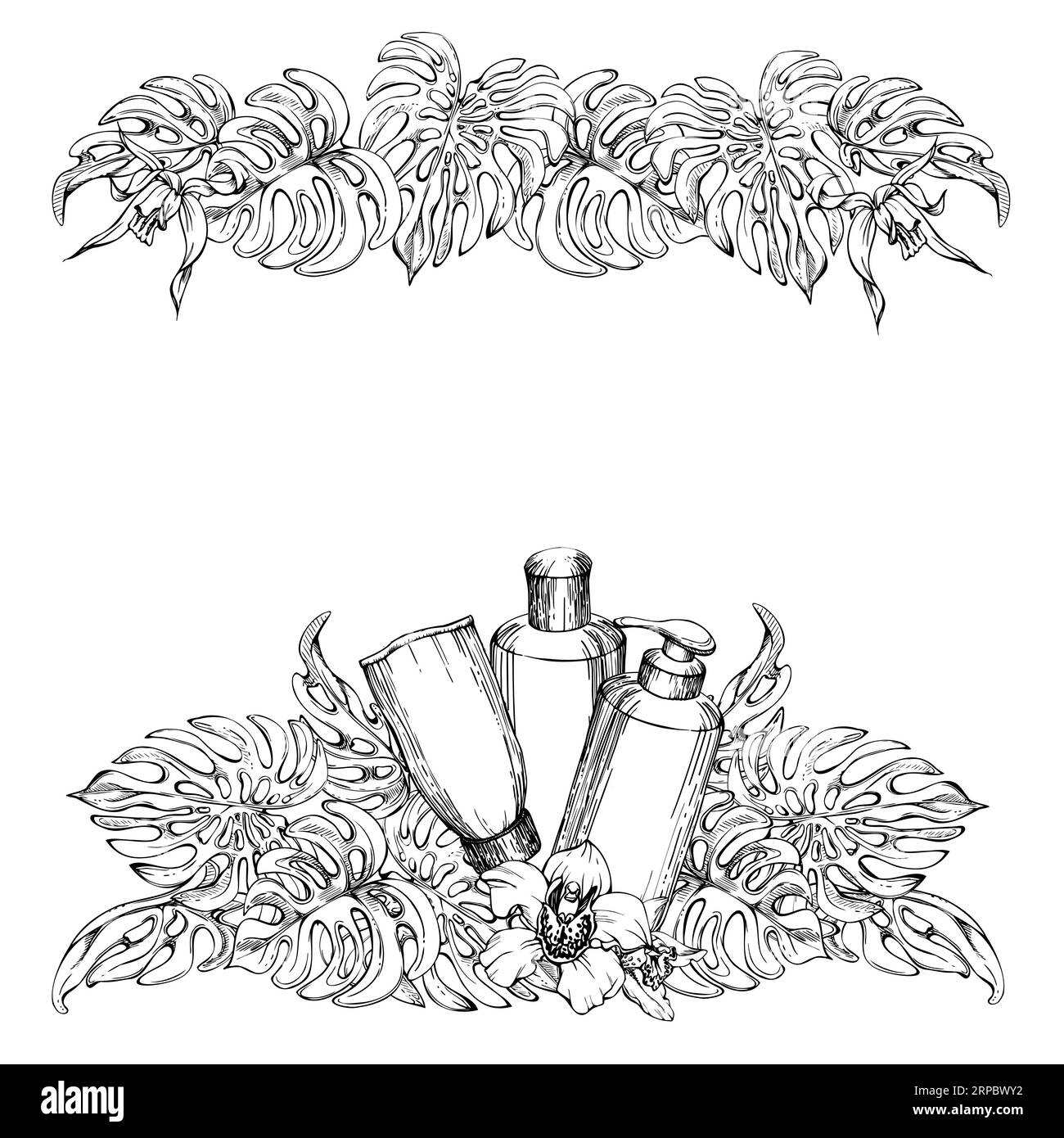 Hand drawn vector ink spa skincare bath beauty products package with ...