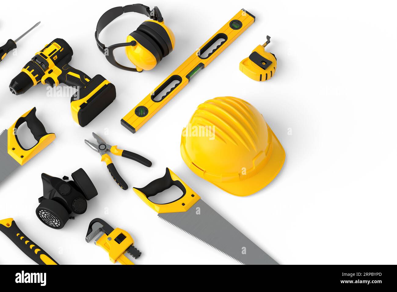 Flying view of yellow construction tools for repair and installation on ...