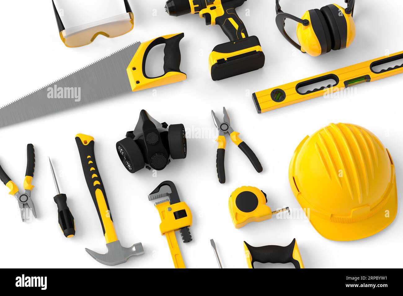Flying view of yellow construction tools for repair and installation on ...