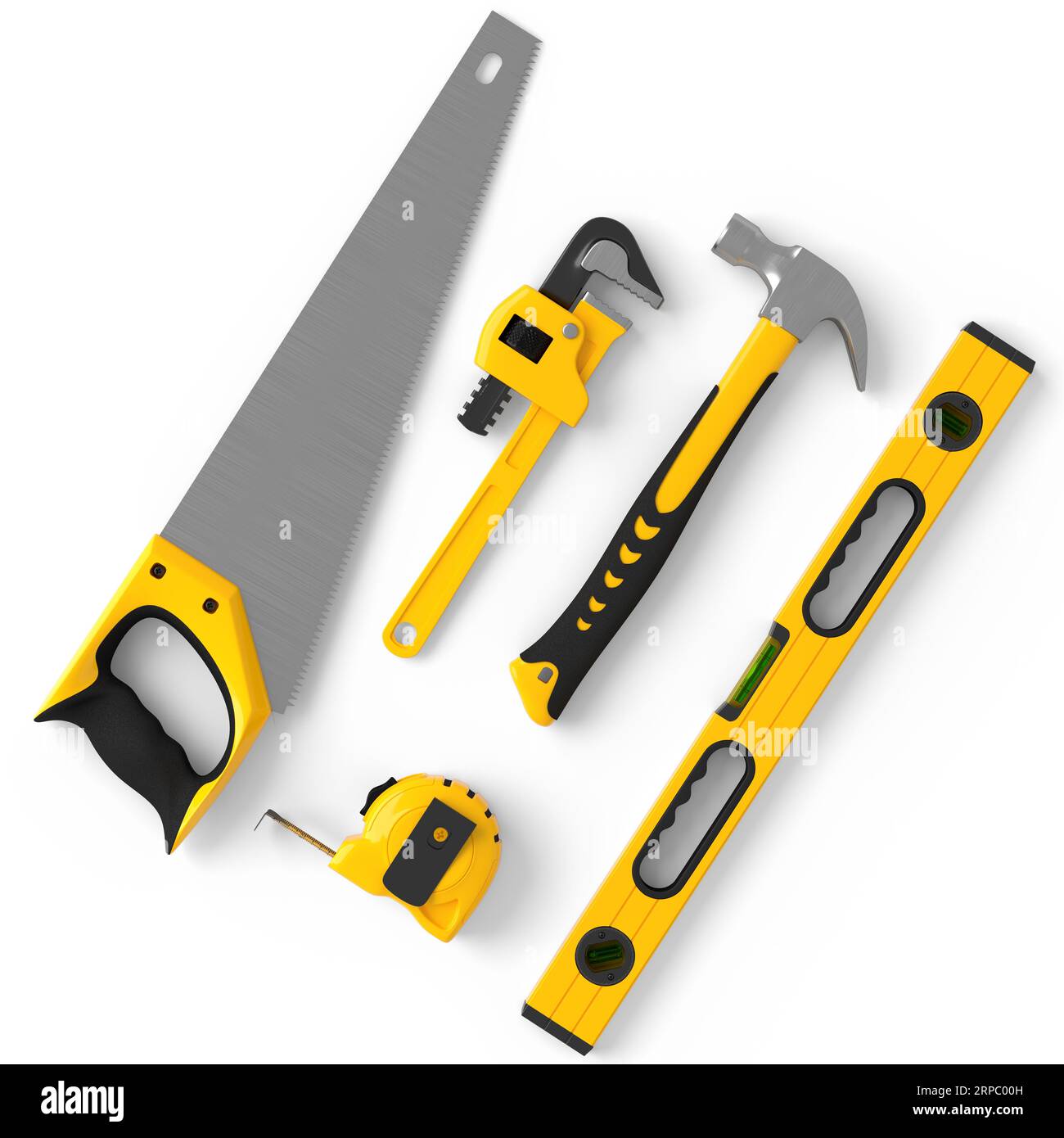 Flying view of yellow construction tools for repair and installation on ...