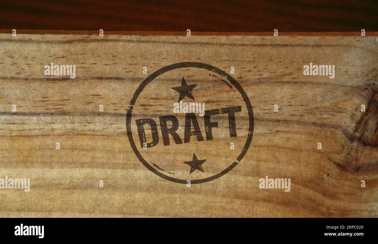 Draft stamp printed on wooden box. Project example concept Stock Photo ...