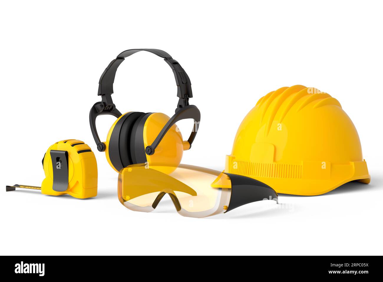 Flying view of yellow construction tools for repair and installation on ...