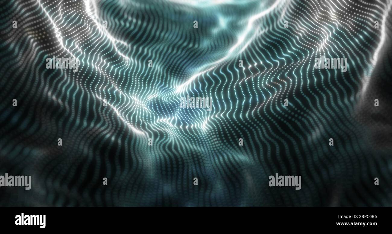 Abstract blue futuristic waves from a grid of particles lines glowing ...