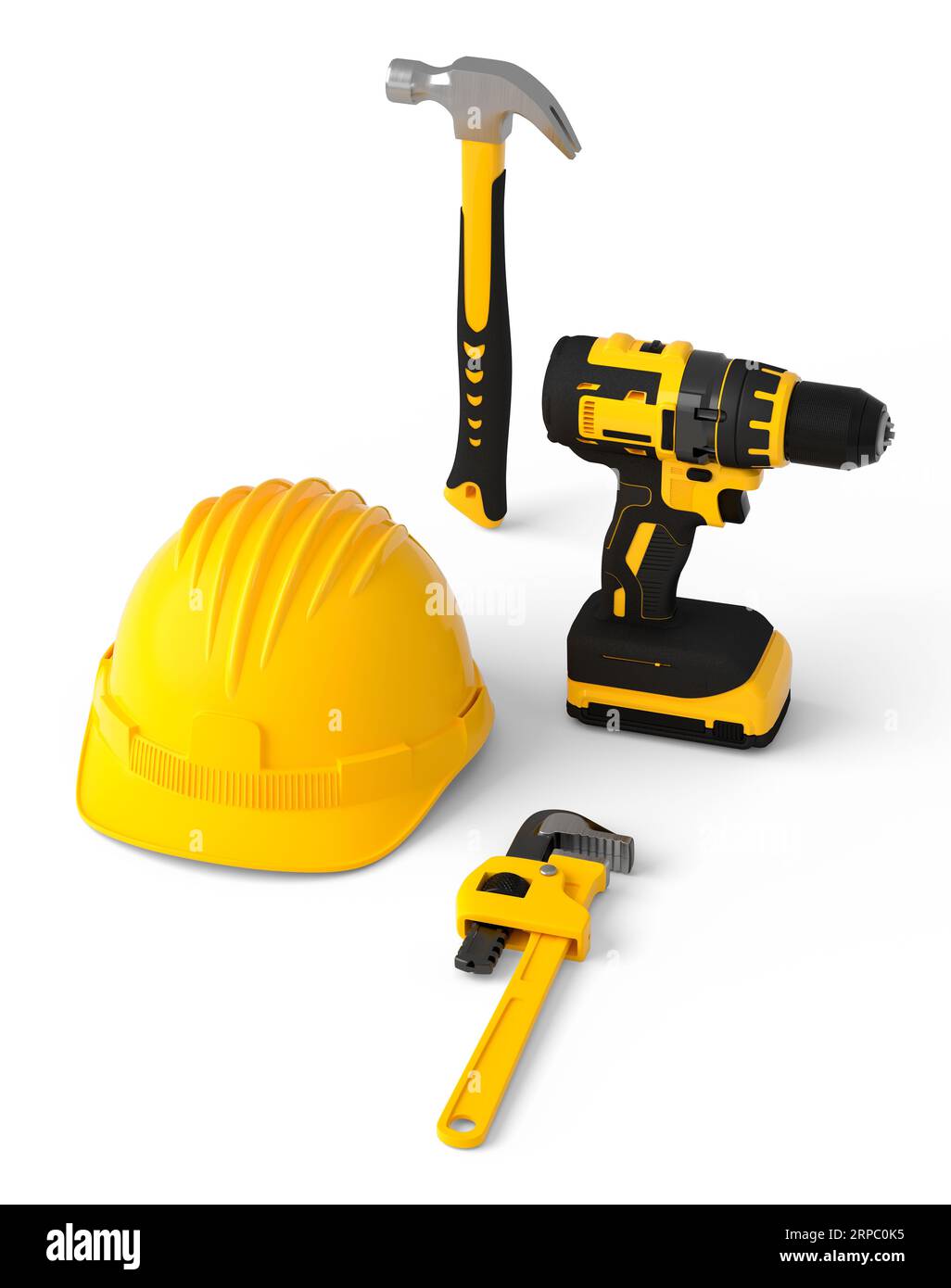 Flying view of yellow construction tools for repair and installation on ...