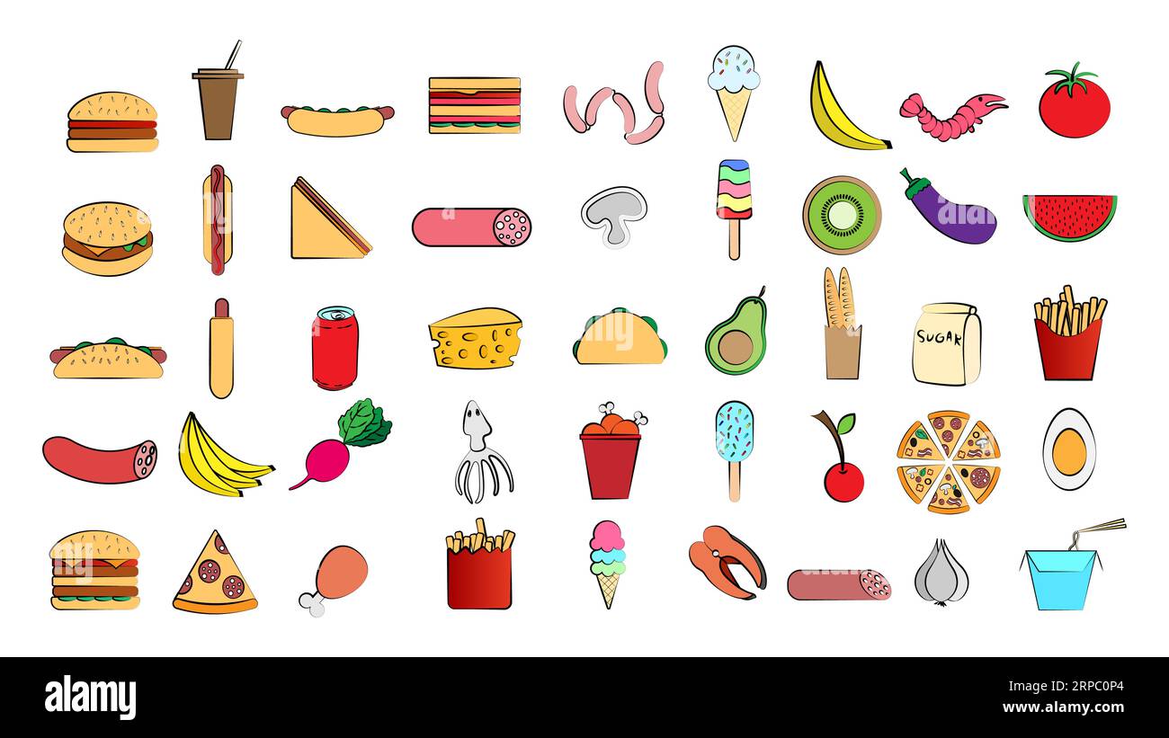 Set of 45 icons of delicious food and snacks items for a restaurant bar ...