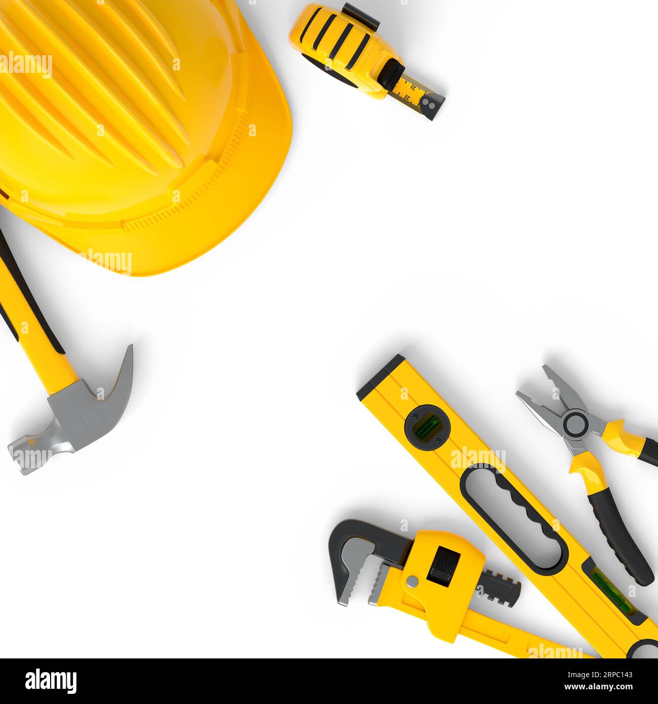 Flying view of yellow construction tools for repair and installation on ...