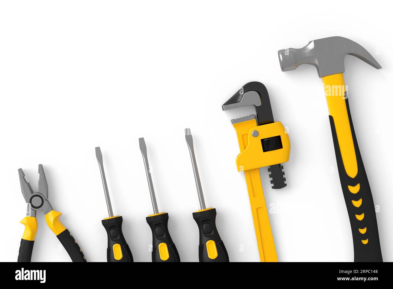 Flying view of yellow construction tools for repair and installation on ...