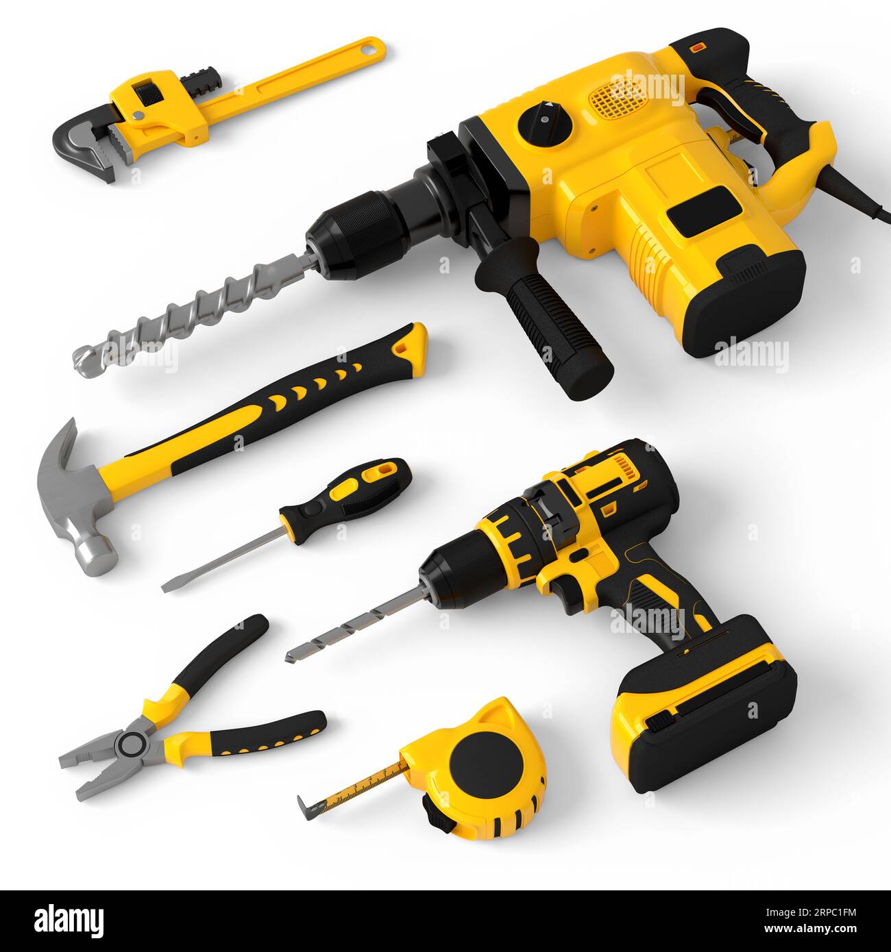 Flying view of yellow construction tools for repair and installation on ...