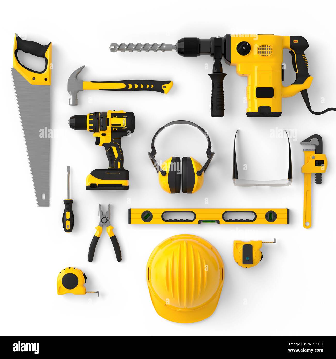 Flying view of yellow construction tools for repair and installation on ...