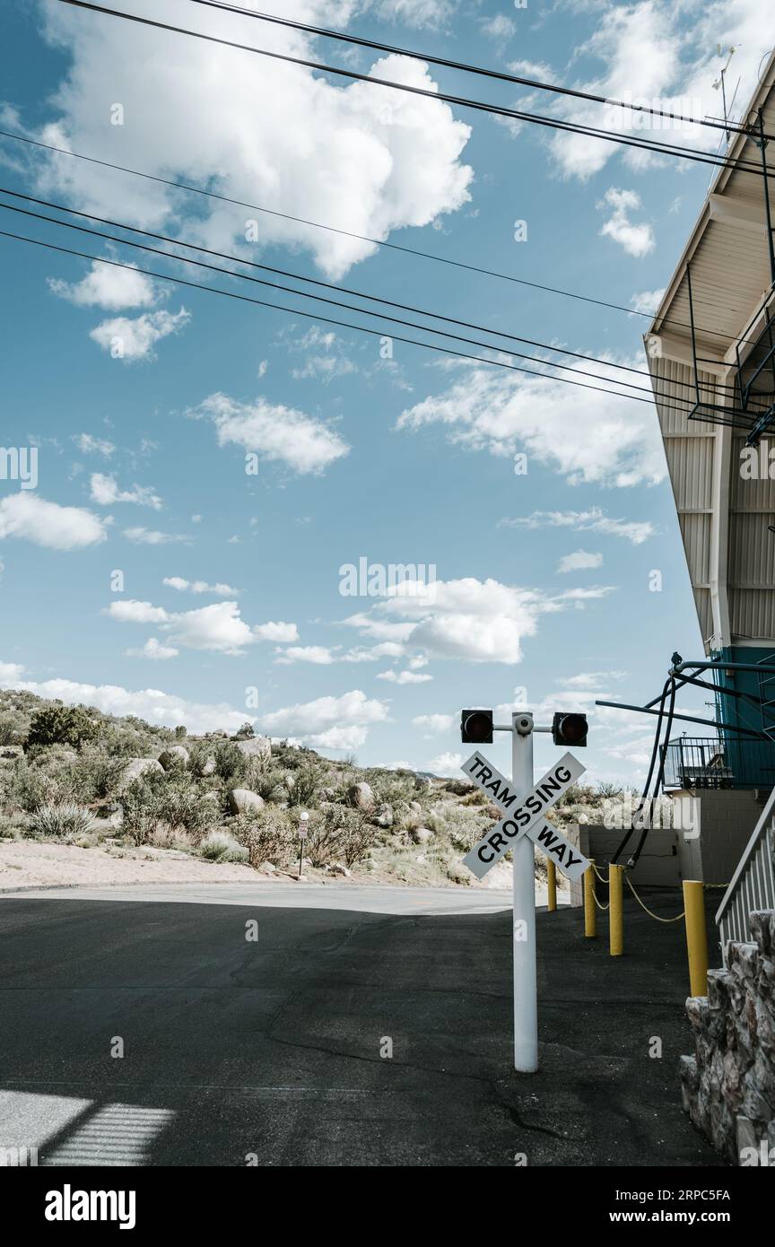 Tramway Crossing sign at Sandia Peak Tramway in New Mexico Stock Photo ...