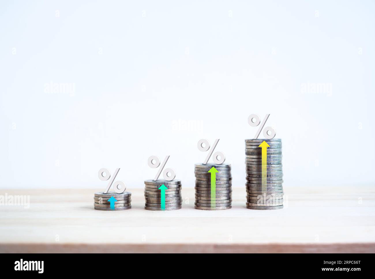 3d Percentage icon and colorful rise up arrows on coin stacked bar ...