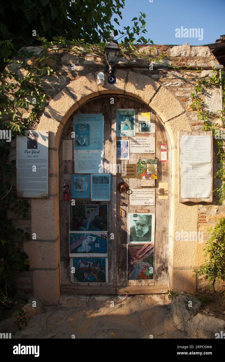 The street and door of Can Yucel's house in Old Datca, a Turkish writer ...