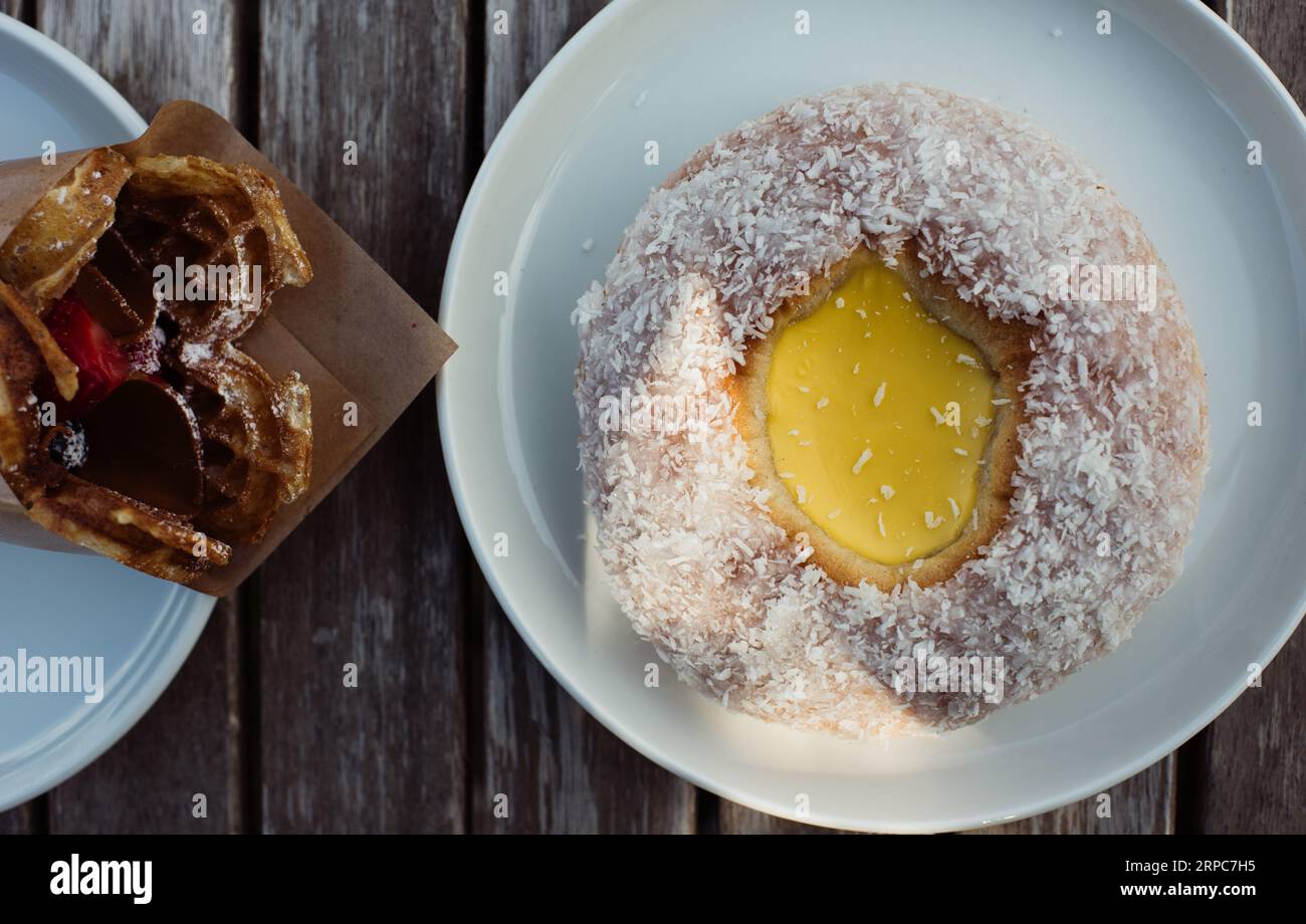 Norwegian skoleboller with a waffle and brown cheese brunost Stock ...