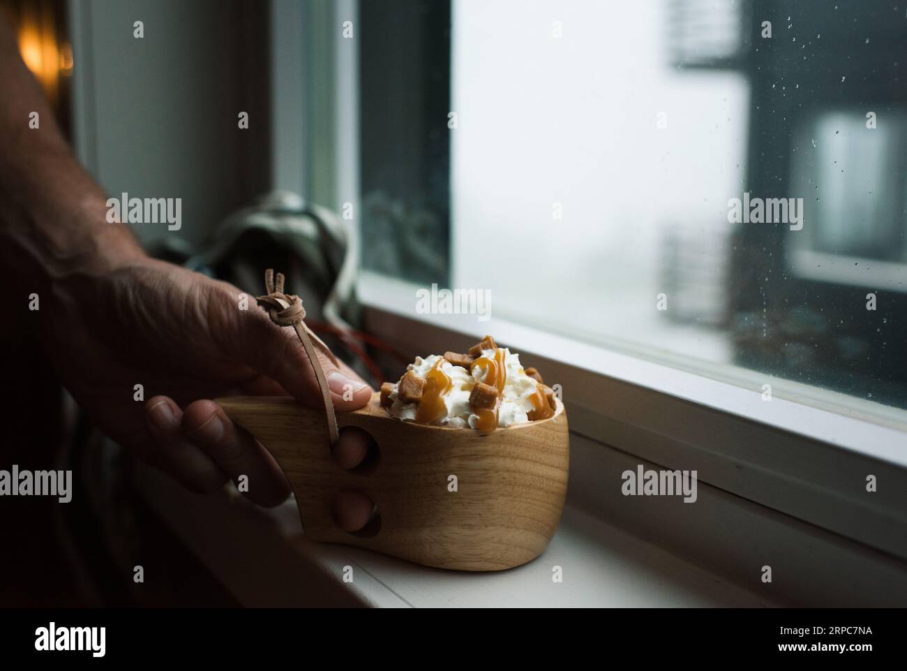 deluxe hot chocolate on a window sill in a Norwegian cabin Stock Photo ...