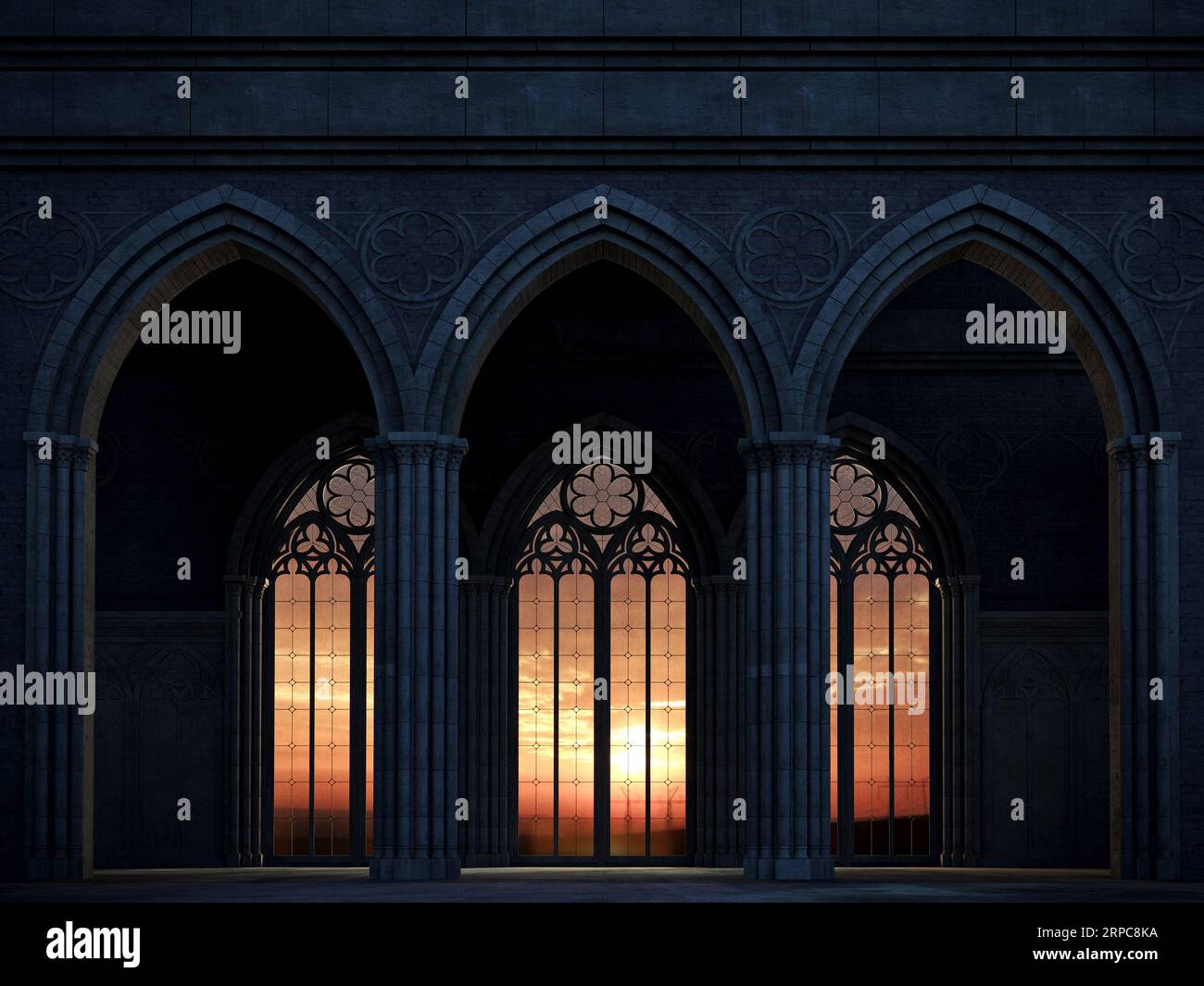 Abandoned castle with a large gothic window sunset rays Stock Photo - Alamy