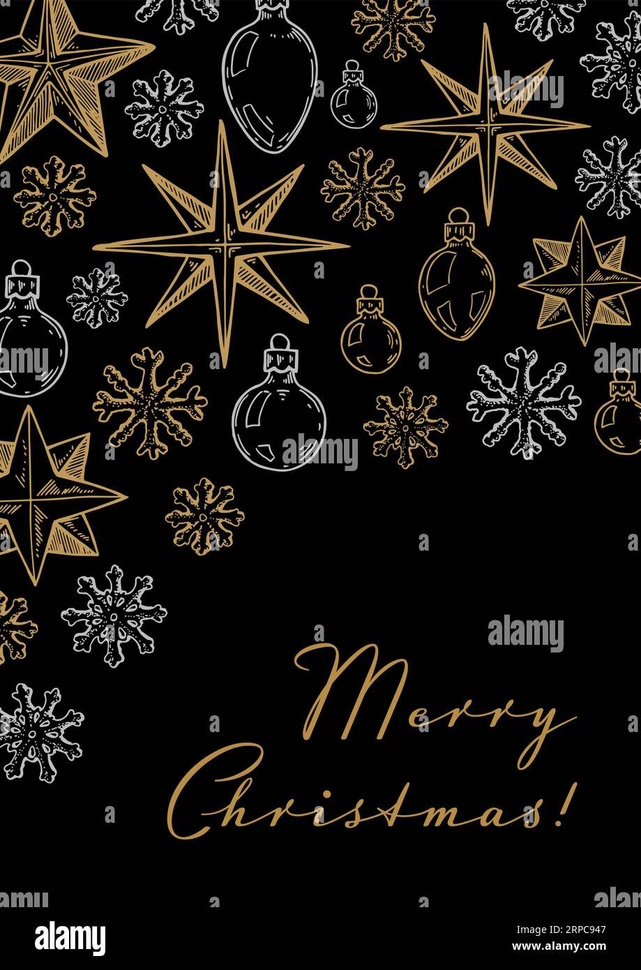 Merry Christmas and Happy New Year vertical greeting card with hand ...