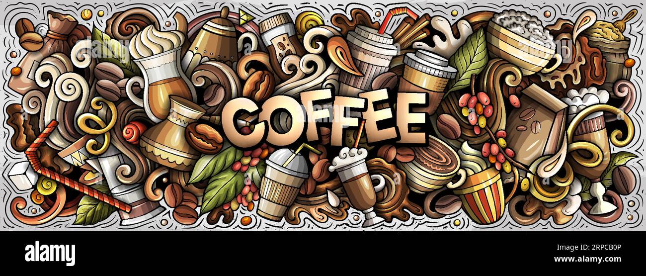 Cartoon vector Coffee doodle illustration features a variety of ...