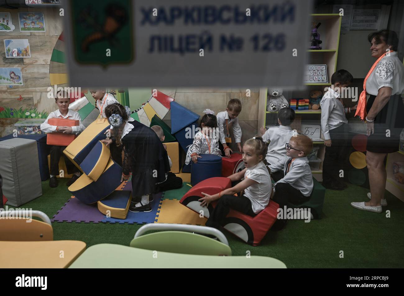 Ukraine. 04th Sep, 2023. Ukrainian school children play with toys in a ...