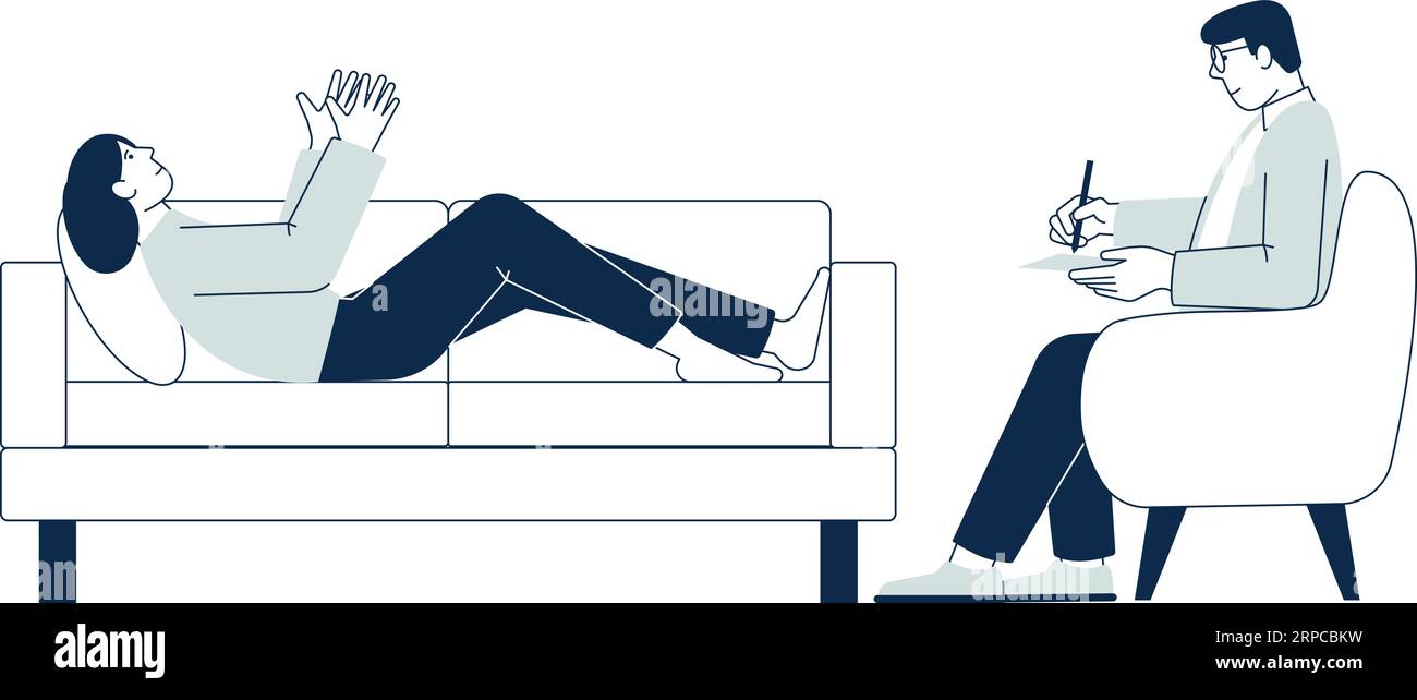 Therapy session. Woman laying on sofa and talking with psychologist ...