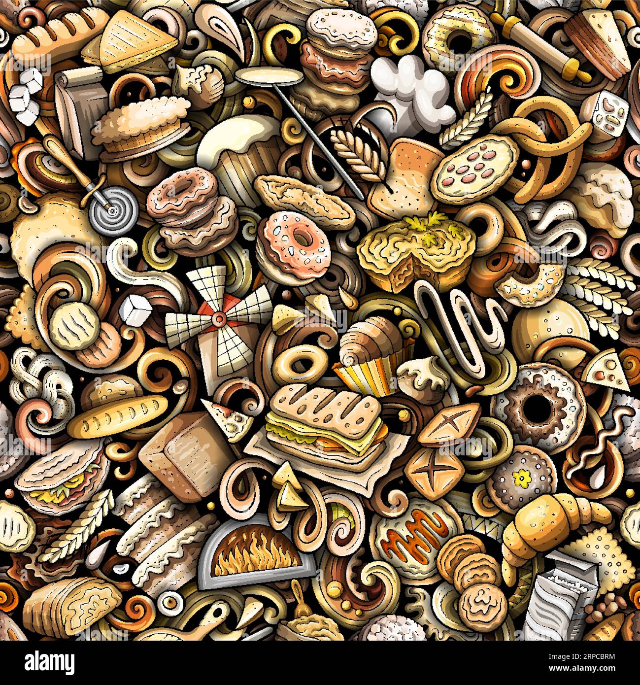Cartoon vector doodles on the subject of bakery seamless pattern ...