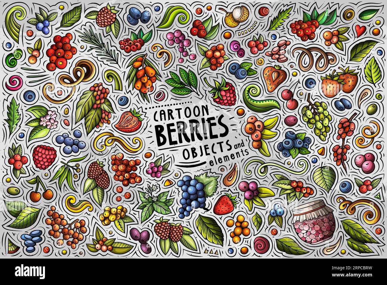 Cartoon vector doodle set features a variety of Berry fruits objects ...