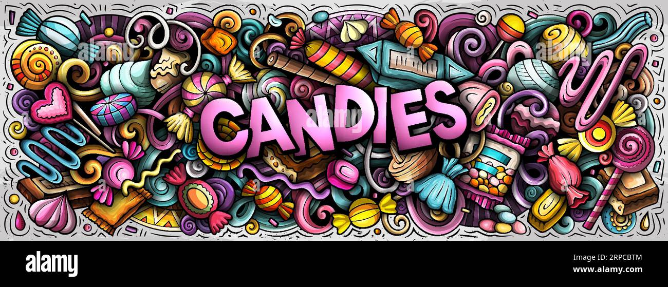 Cartoon vector Candies doodle illustration features a variety of sweet ...