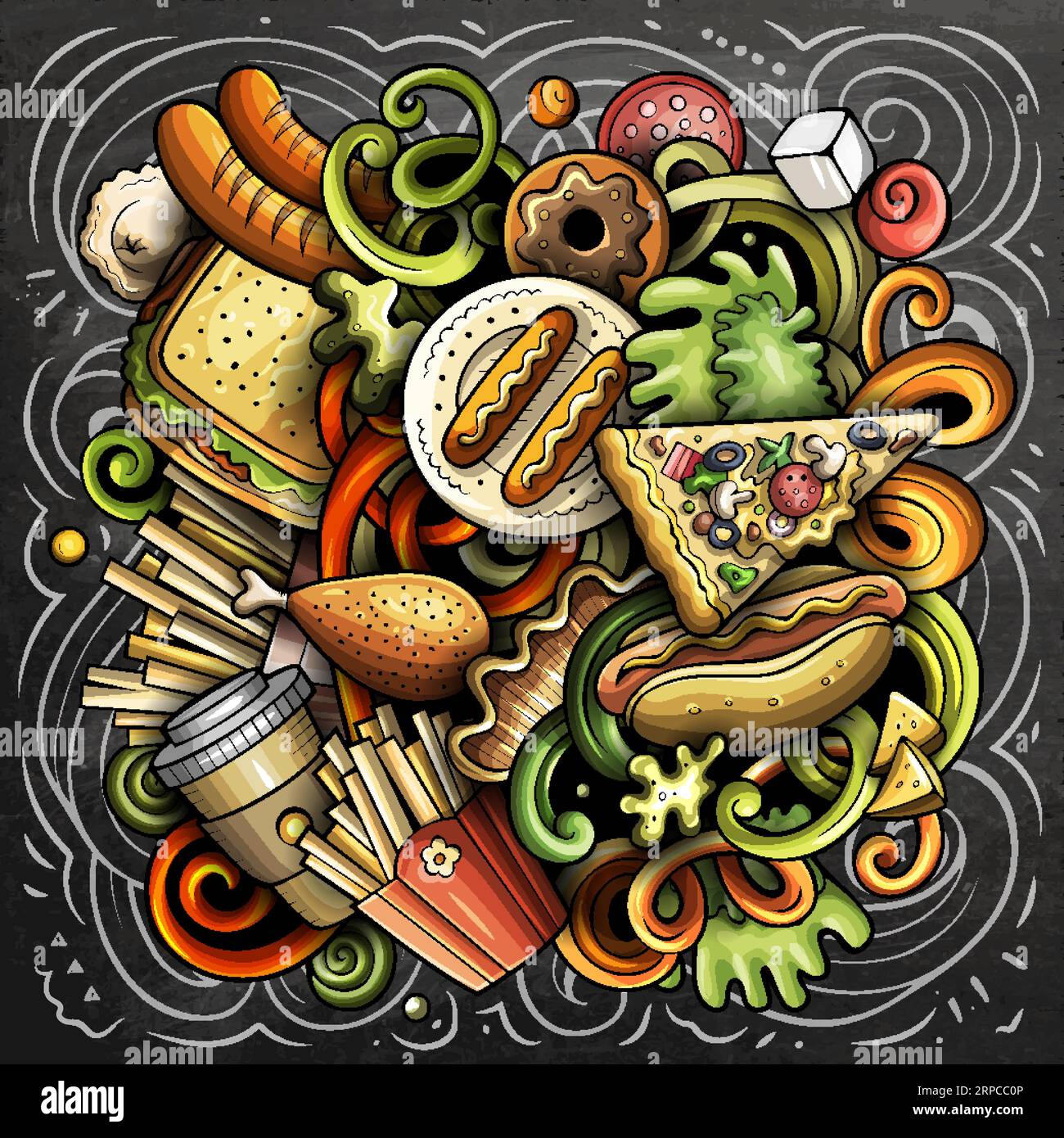 Fastfood cartoon doodles illustration. Fast food funny objects and ...