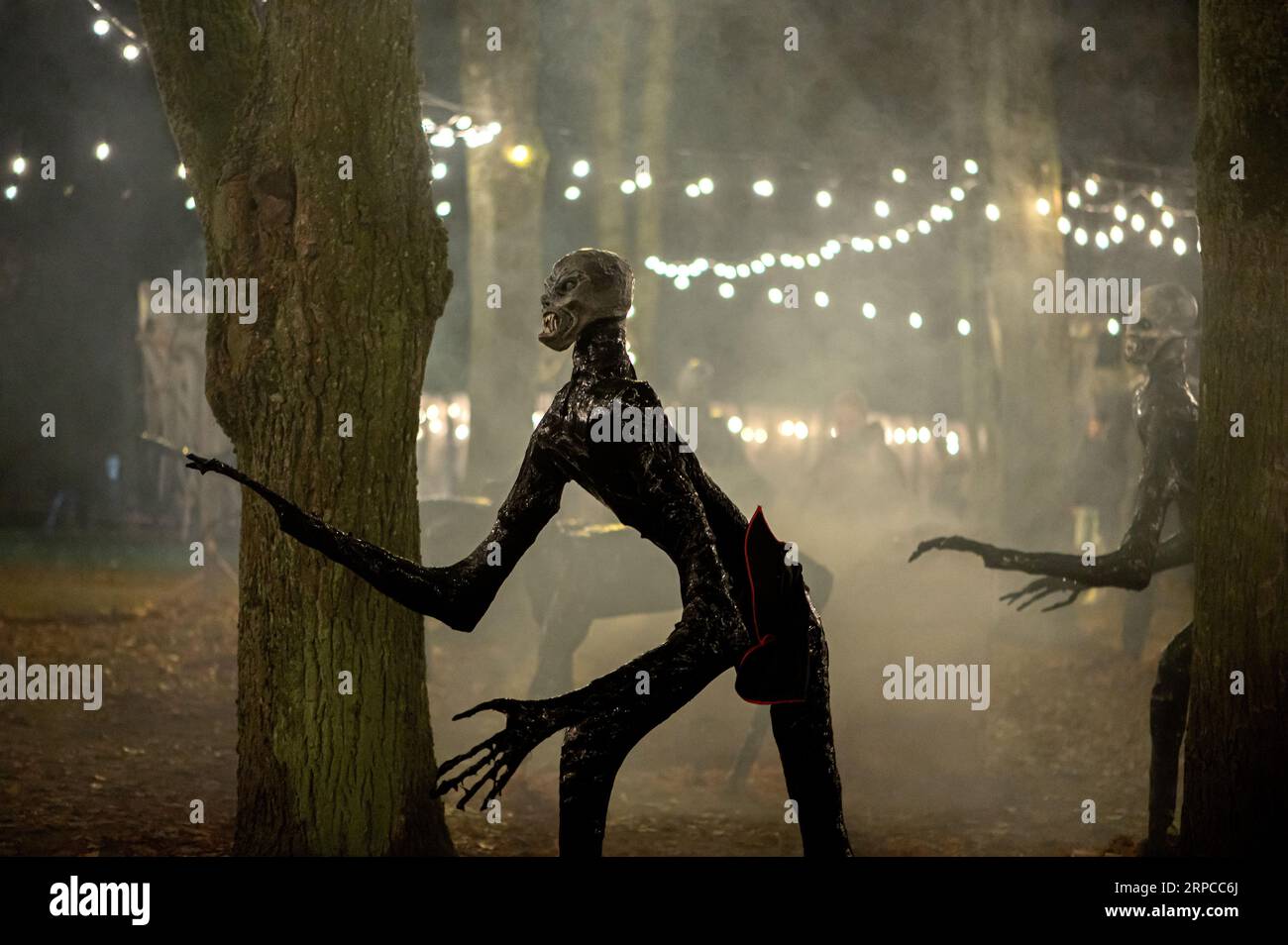 A spooky Halloween decoration stands in a wooded area creating a ...