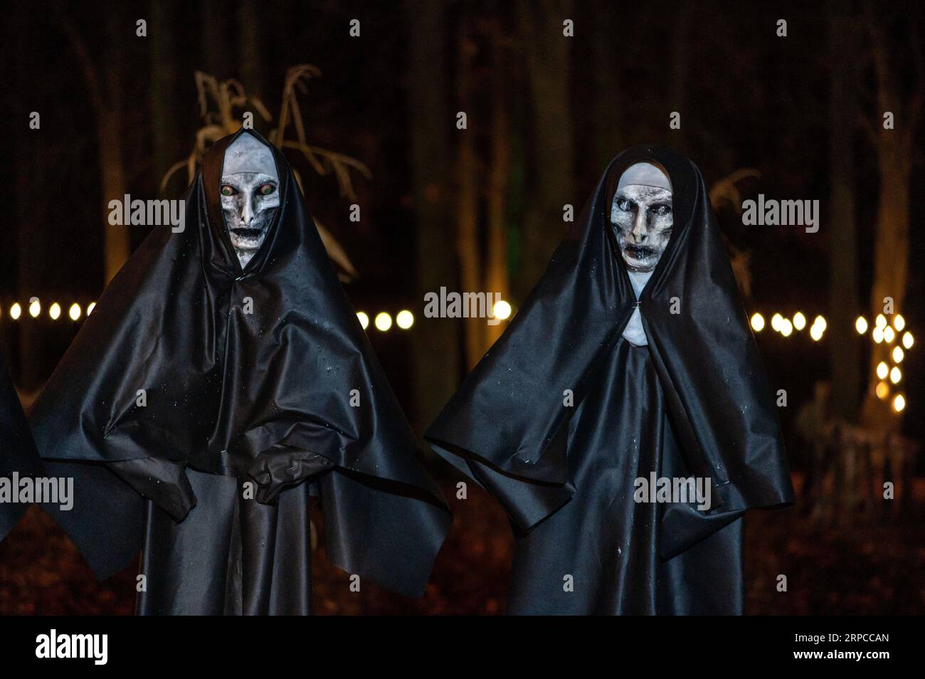 A spooky Halloween decoration stands in a wooded area creating a ...