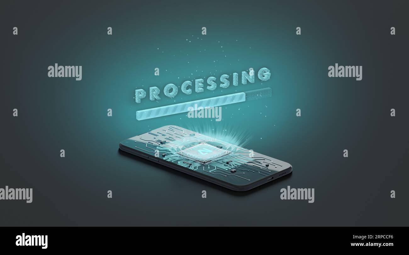 Black phone artificial intelligence processing projection mockup, dark background, 3d rendering ...