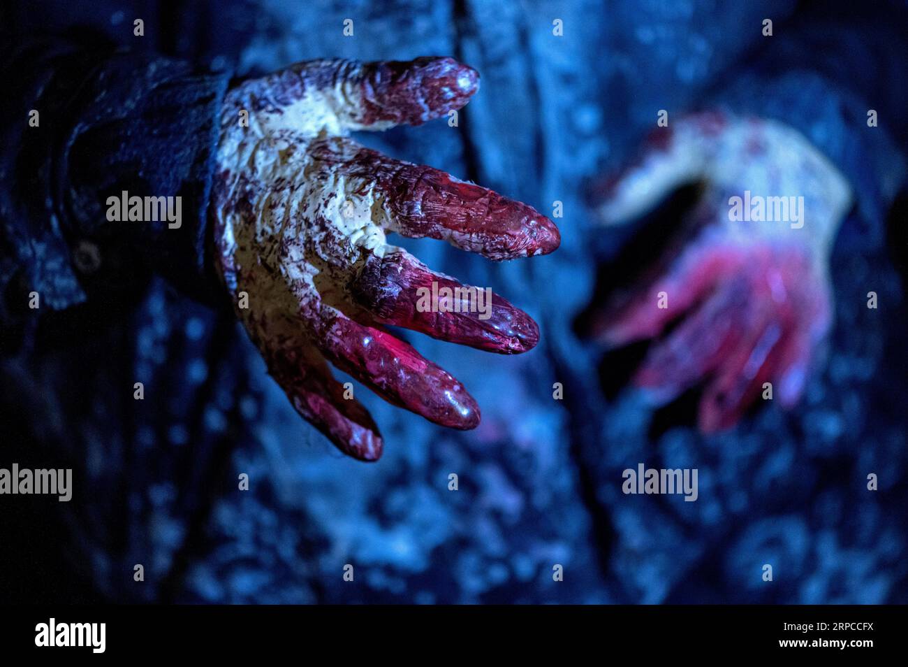 A spooky Halloween decoration stands in a wooded area creating a ...