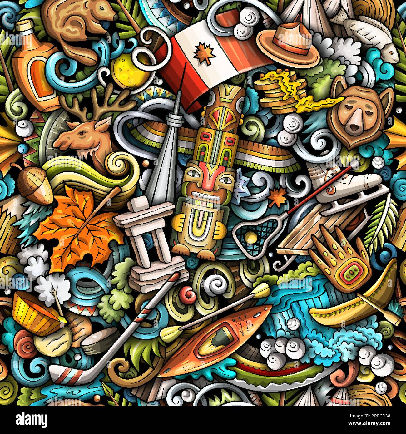 Cartoon doodles Canada seamless pattern. Backdrop with local Canadian ...